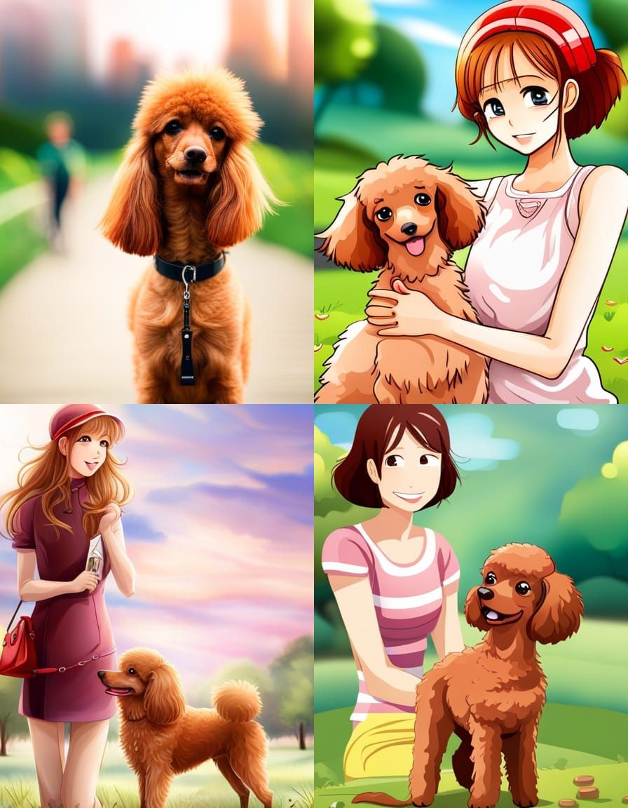 Happy red toy poodle with lady at the park anime - AI Generated Artwork ...