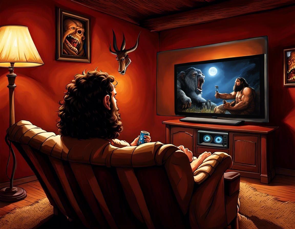 caveman watching an horror movie on hes caveman projector - AI ...