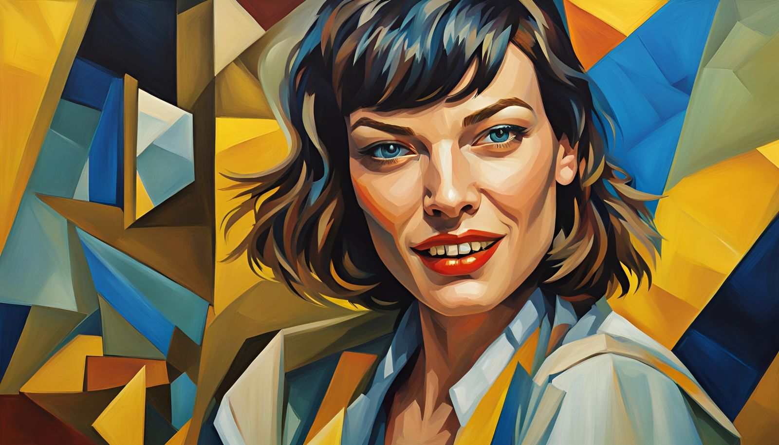 Milla jovovich portrait, in style of picasso, smiling, 8k resolution ...