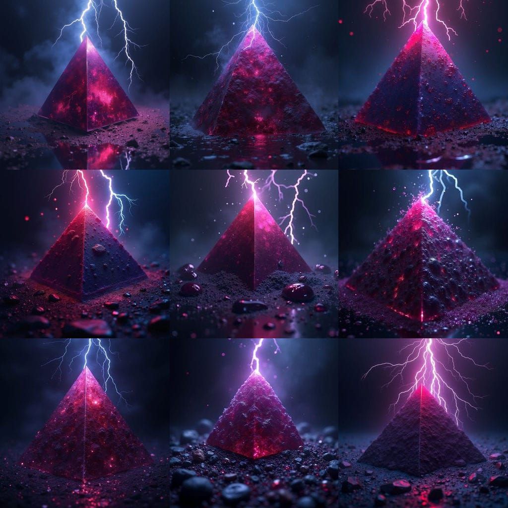 Glowing Ruby Pyramid Illuminated by Lightning - AI Art