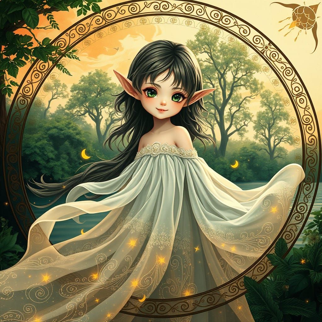 Beautiful elfin child with a mischievous twinkle in her eye, surrounded ...