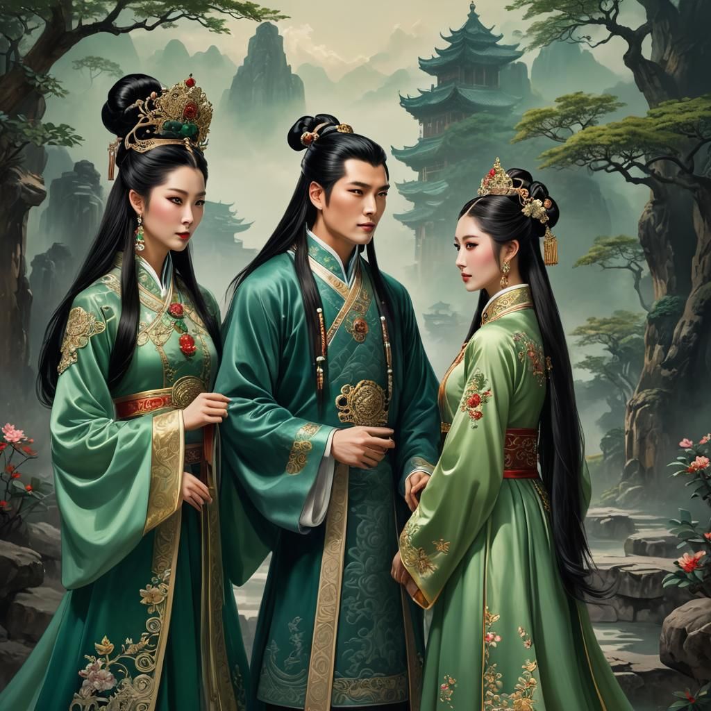 A pair of Chinese princes and princesses were standing with their backs ...