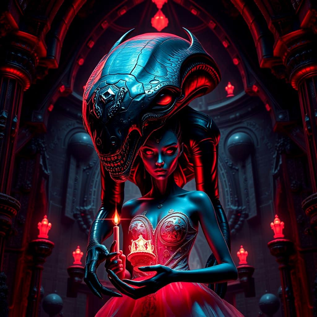 Captive Alien Princess in Ruby Space Castle - AI Art