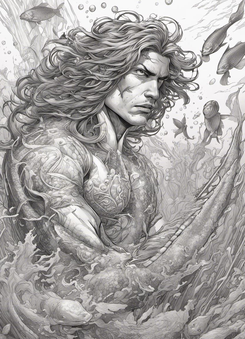 a stunningly handsome merman with long hair and a long tail, trident ...