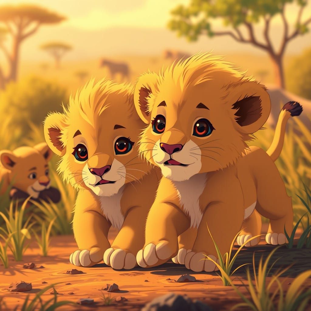 Lively Baby Lions in Vibrant Savannah Scene, Anime... - AI Art