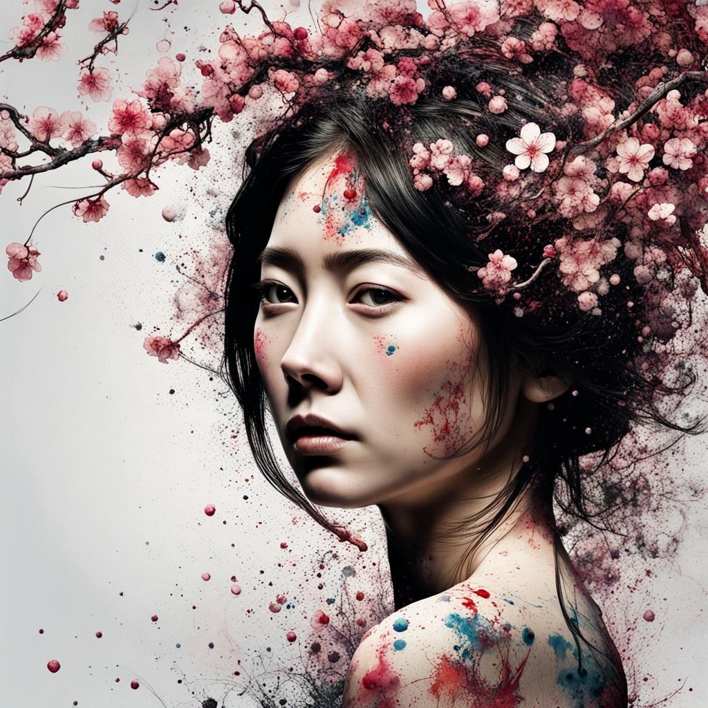 Japanese blossom Ink Splatter Digital ink drop splash fantasy portrait ...