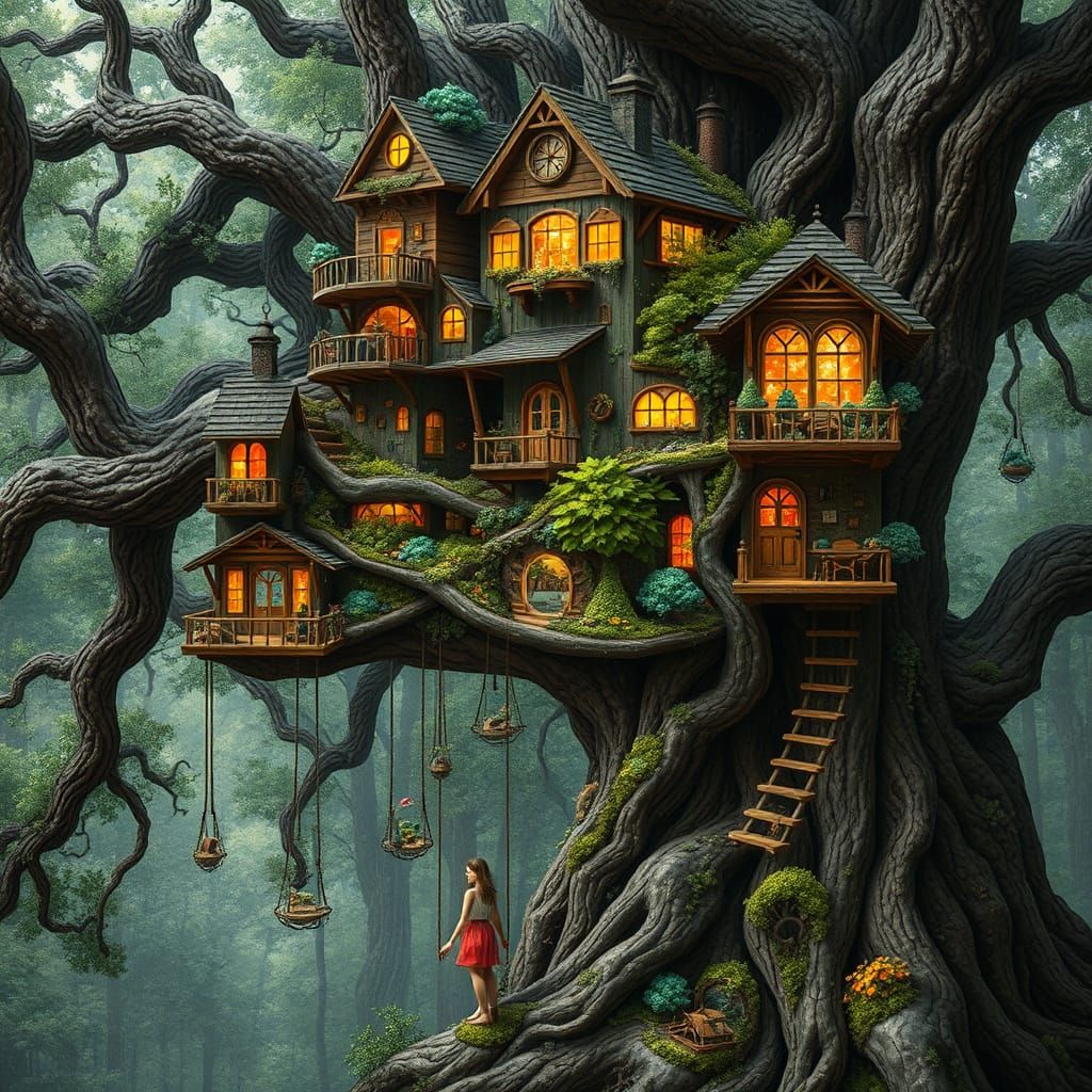 Whimsical Treehouse Village Amidst Ancient, Gnarle... - AI Art