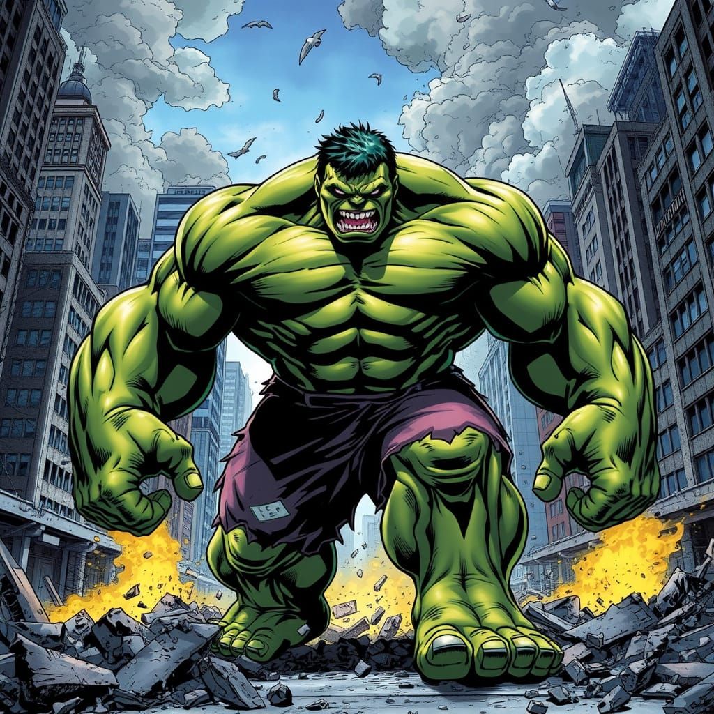 Hulk Dominates a City in Ruins, in a Style Inspire... - AI Art