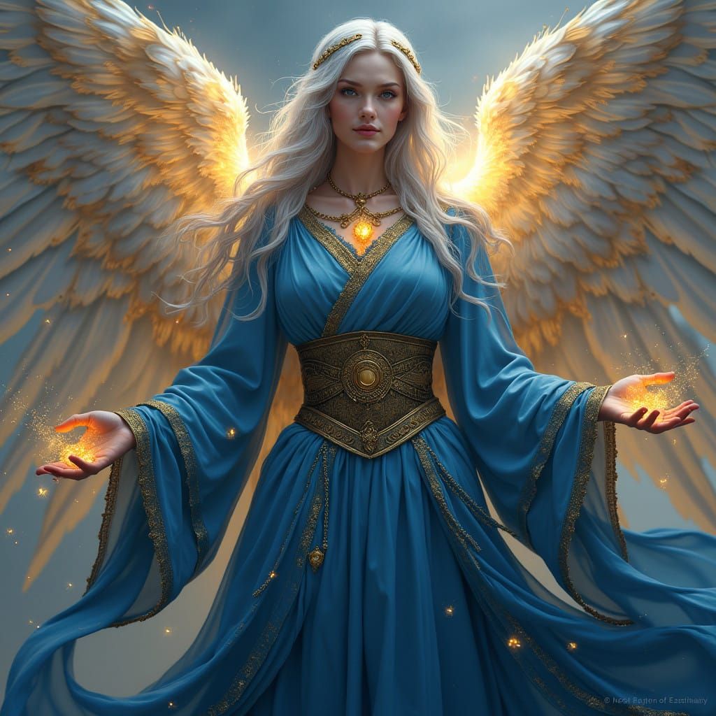 Regal Figure with Azure Cloak and Golden Feathered... - AI Art