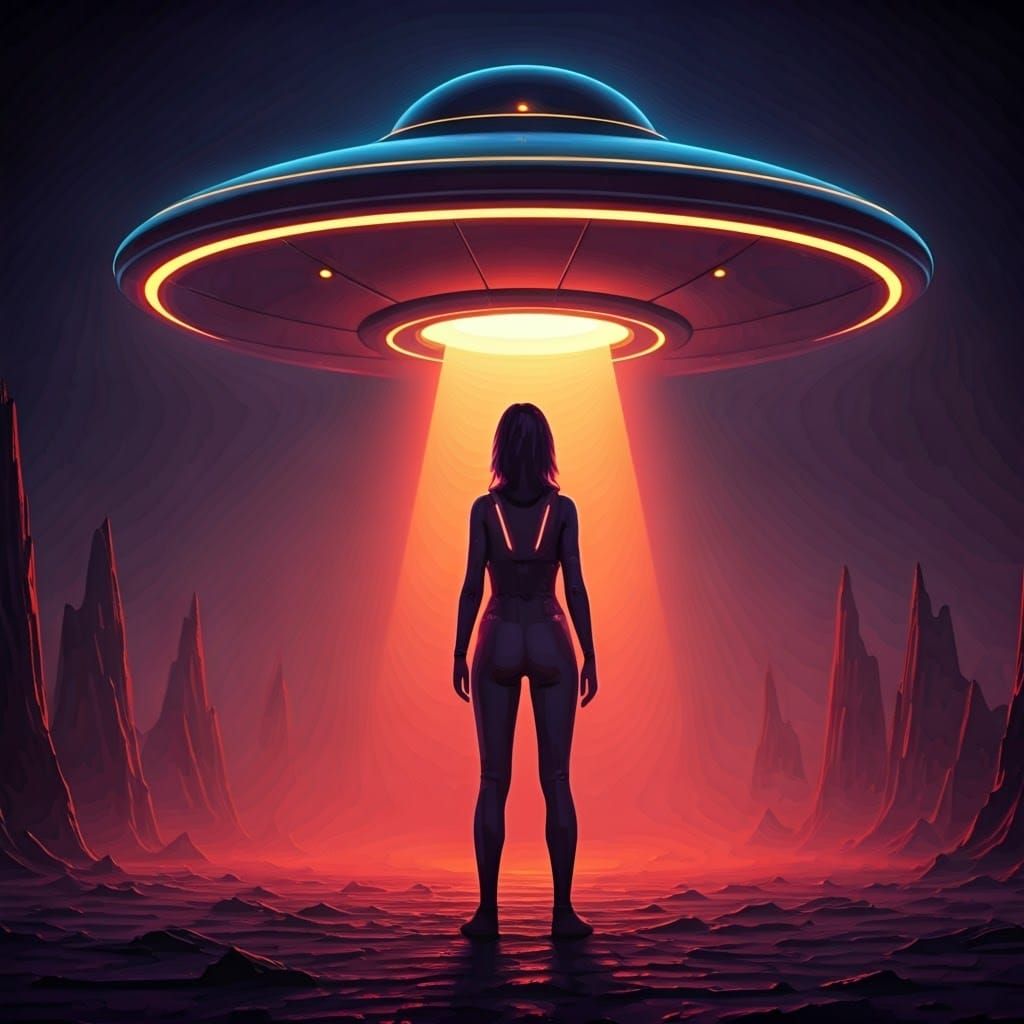 Ethereal Synthwave Goddess Awaits UFO in Retro-Fut... - AI Art
