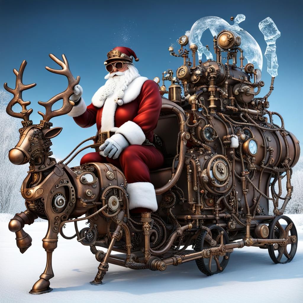 Steampunk themed Santa in steampunk sleigh pulled by team of steampunk ...