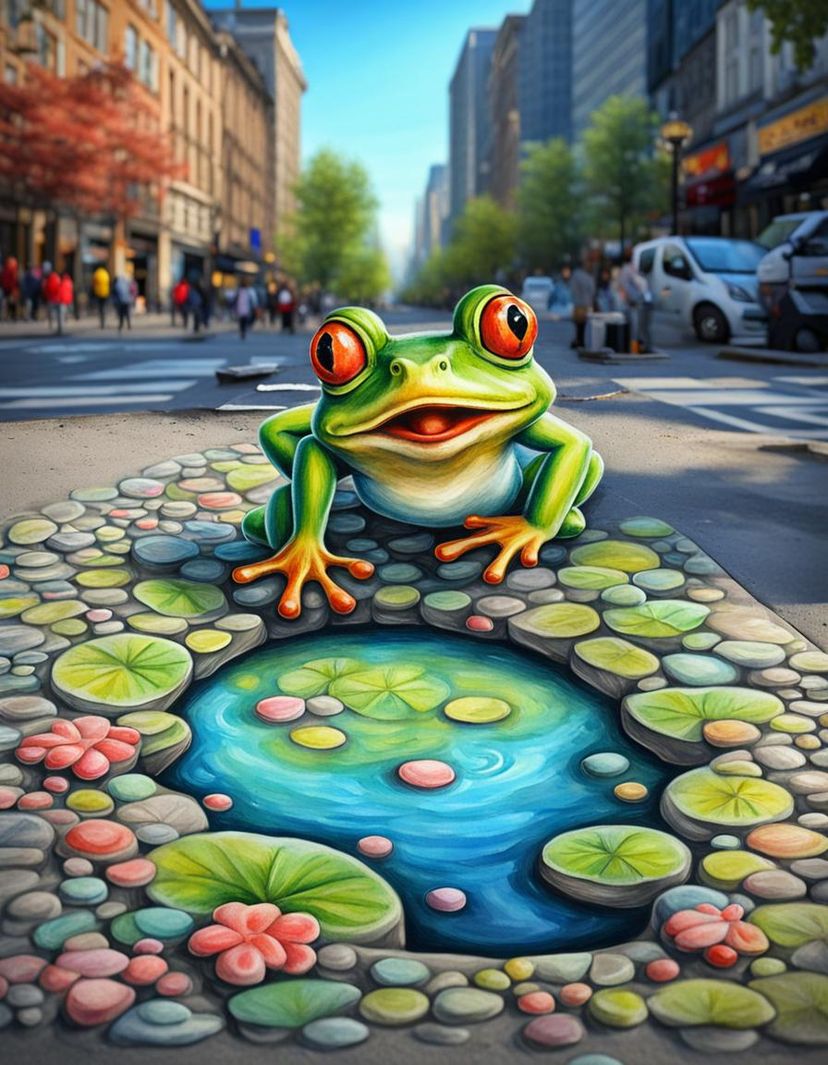 Optical illusion chalk art The adorable perfect frog jumping out of the ...