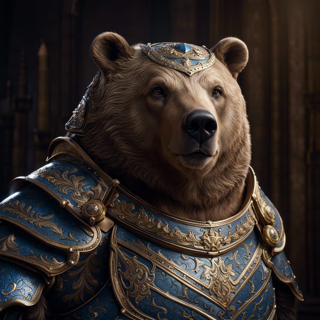 head and shoulders portrait of an Obese Bear knight wearing ornate blue ...
