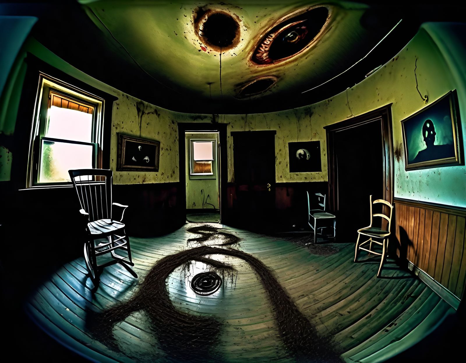 An almost empty room without windows and moisture and mold on the walls ...