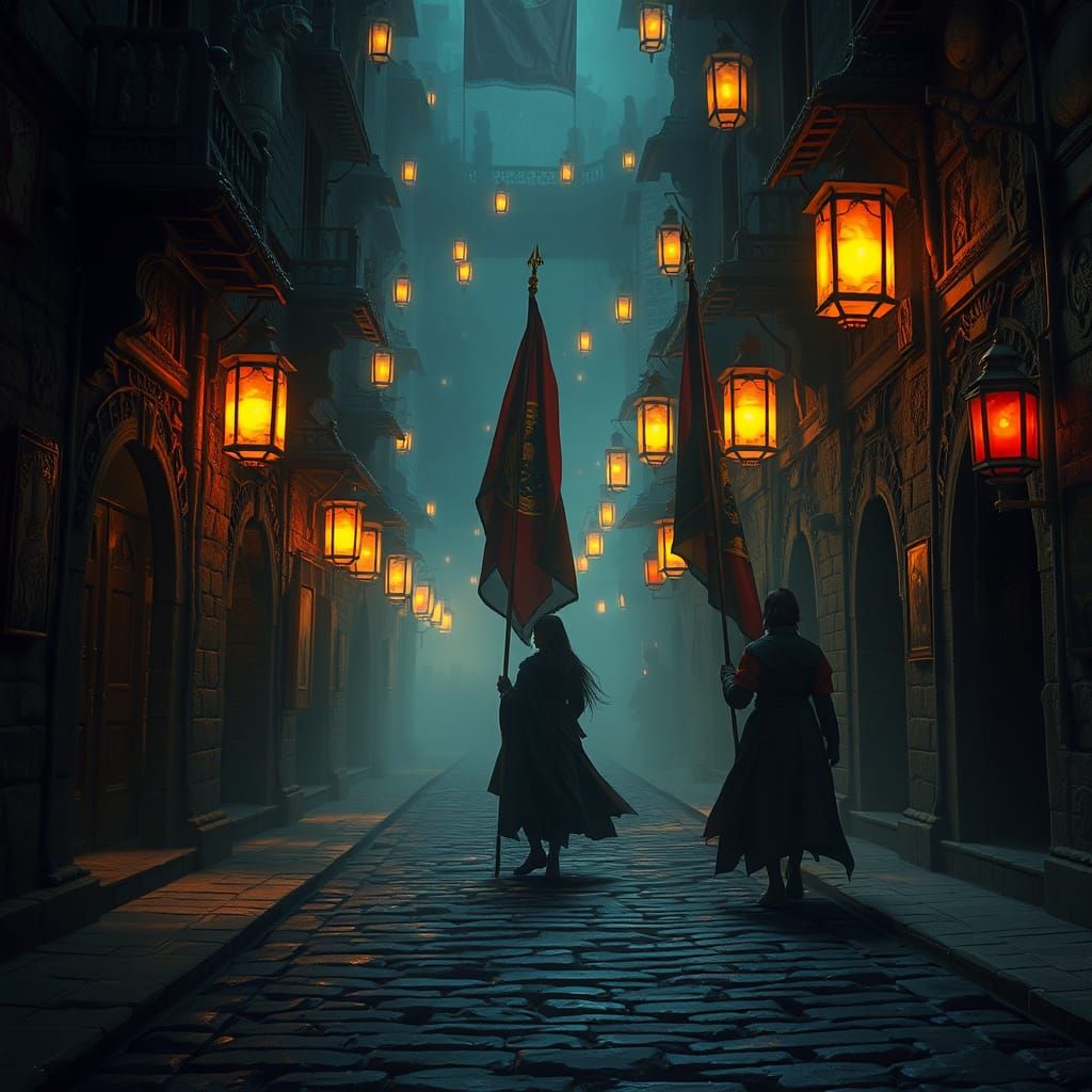 Mystical Flag Bearers in a Cobblestone Street at N... - AI Art