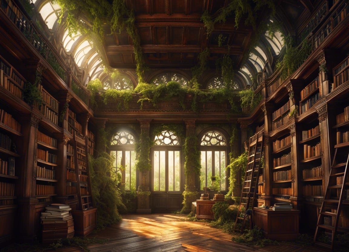 Deserted old library overgrown with vines #8 - AI Generated Artwork - NightCafe Creator