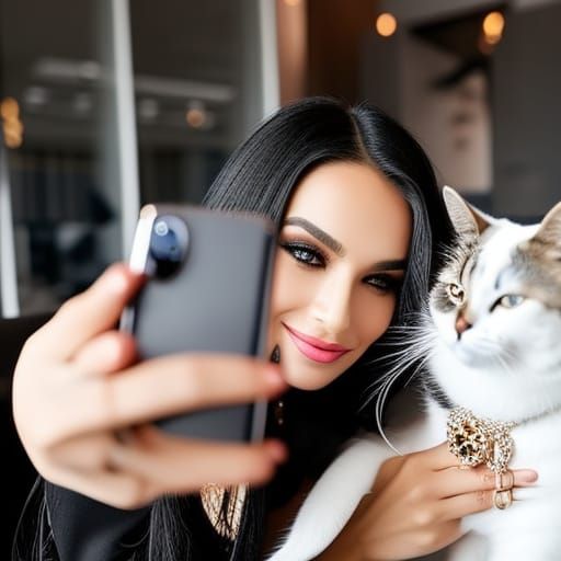 Posh model takes a selfie with her kitty - AI Generated Artwork ...