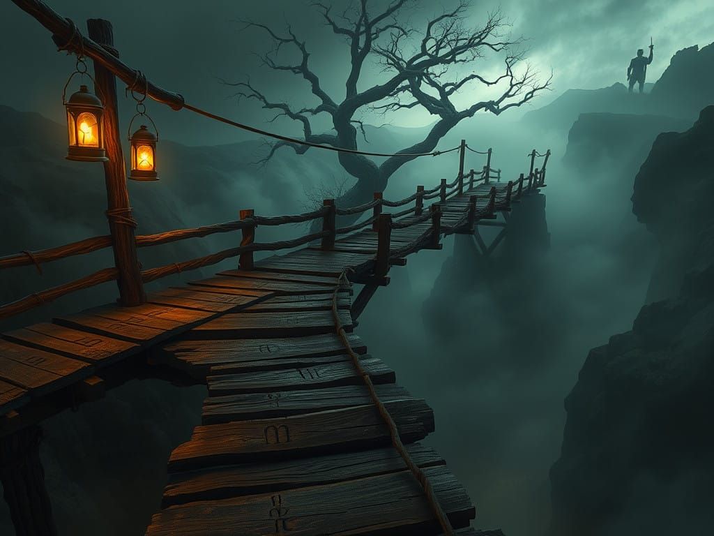 A rickety wooden bridge stretches over a seemingly endless chasm ...