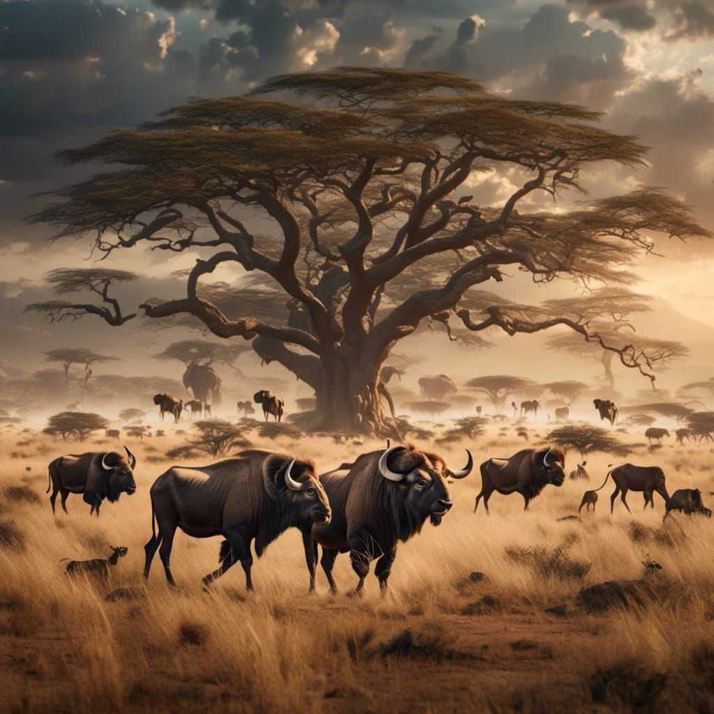 buffalos in the Serengeti Hyperrealistic, splash art, concept art ...