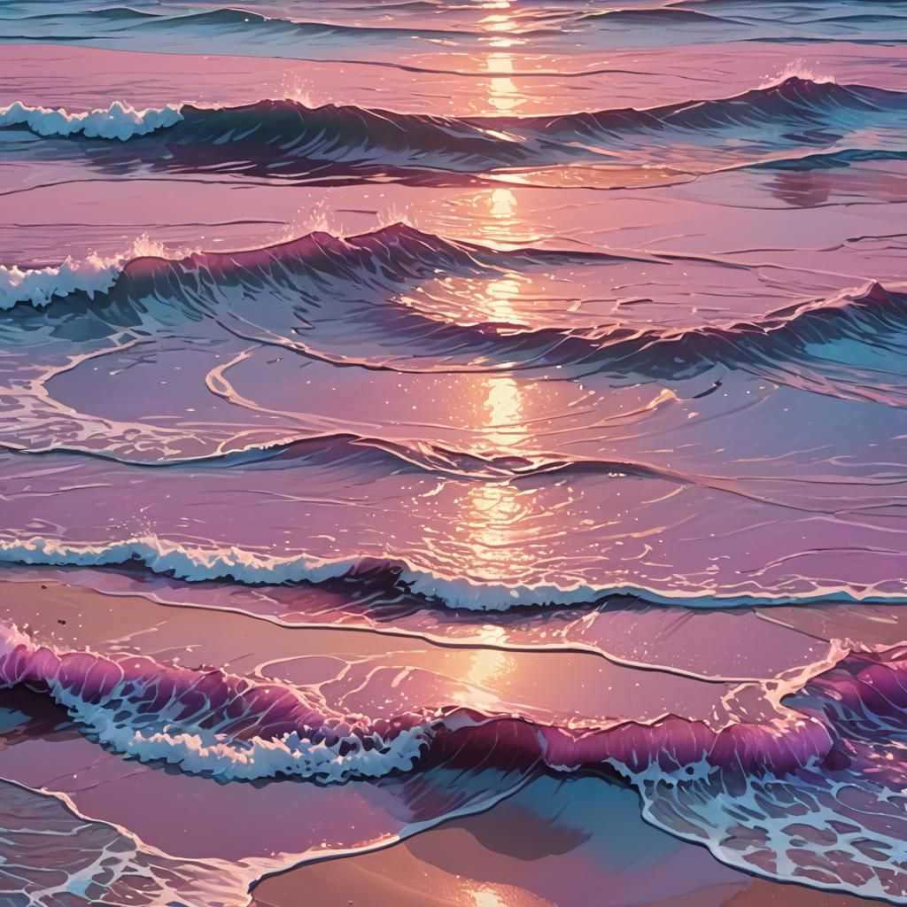 A view of a beach with waves, shades of pink, purple and blue as a ...