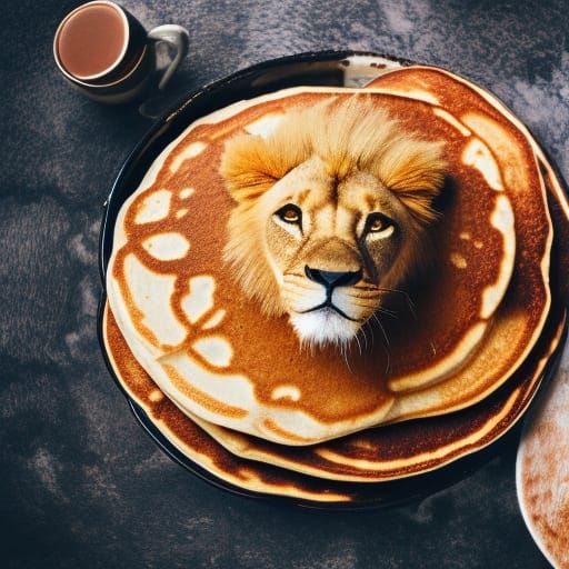 a lion lying on a giant plate of pancakes, lion loves being a pancake ...