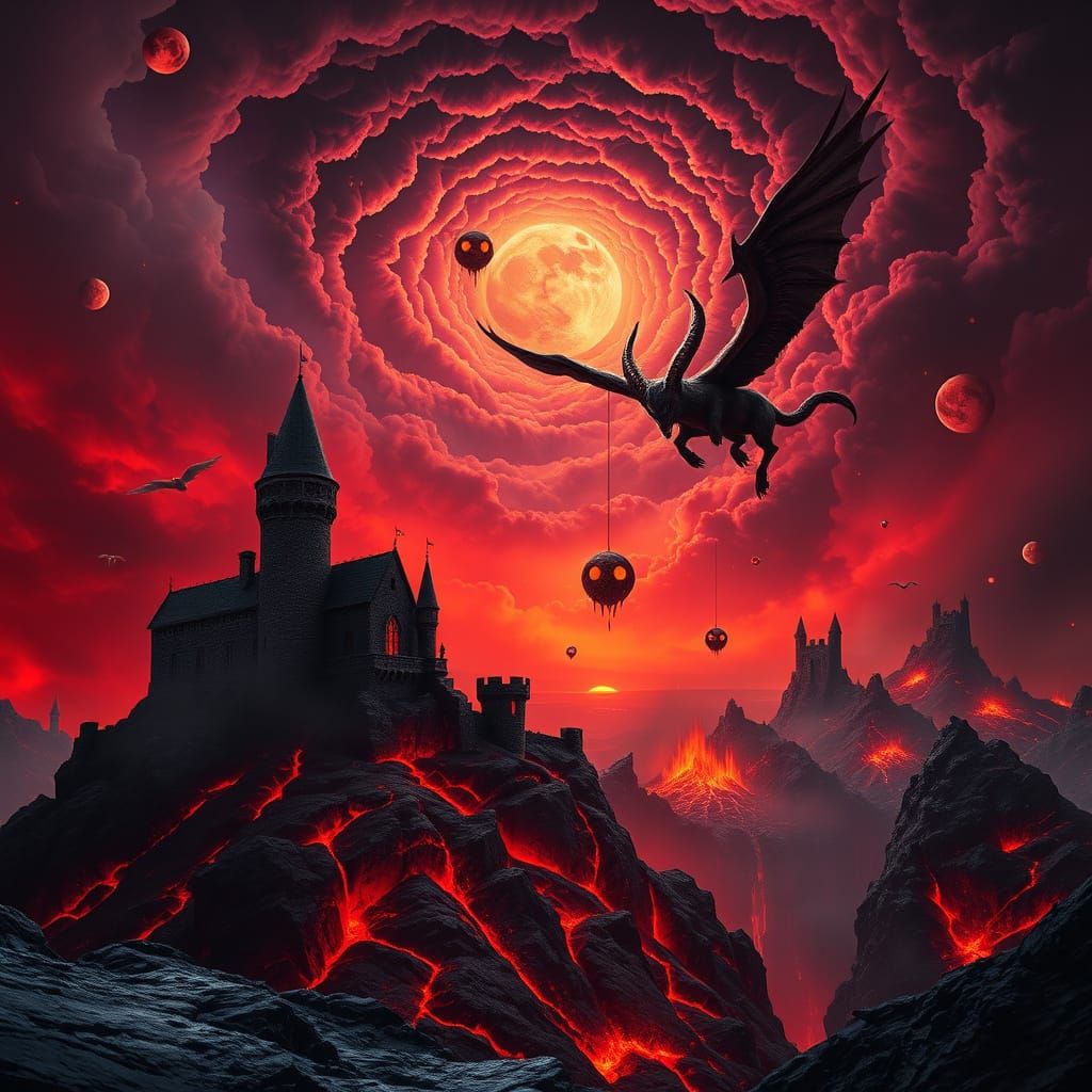 Dark Medieval Castle in a Lava-Surrounded Abyss wi... - AI Art