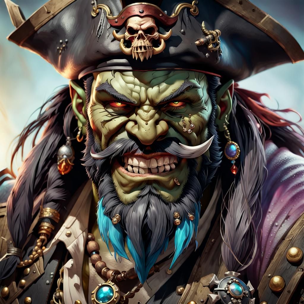 Stylized Black Orc Pirate Captain 2/3 portrait, grinning, enormous ...