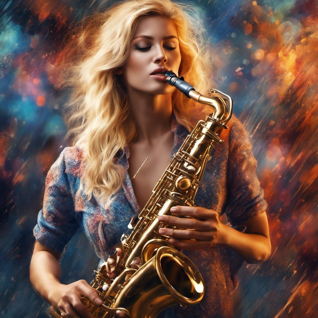 Pretty blonde woman playing a saxophone, dynamic, exciting, dramatic ...