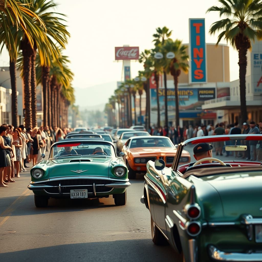 Vintage Cars Cruise Down Sunset Strip in Retro Gla... - AI Art