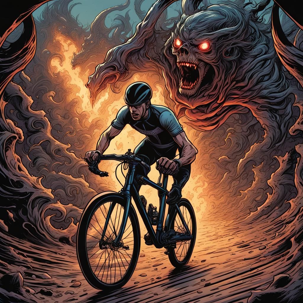 Racing bicycle escaping from chasing demons from hell - AI Generated ...