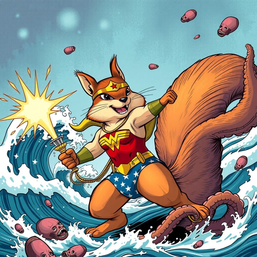 Wonder Squirrel Battles Octopus in Dynamic Comic B... - AI Art