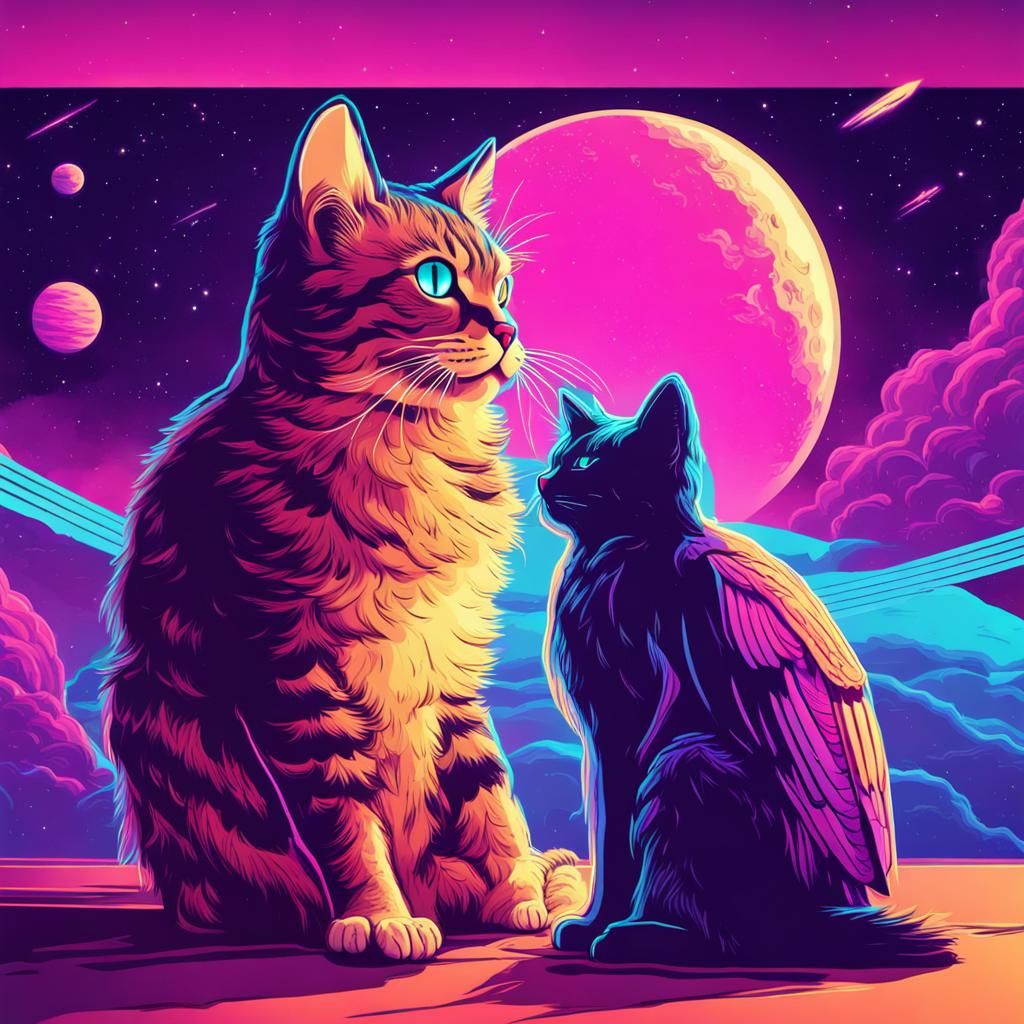 cat befriending a falcon-cat in space - AI Generated Artwork ...