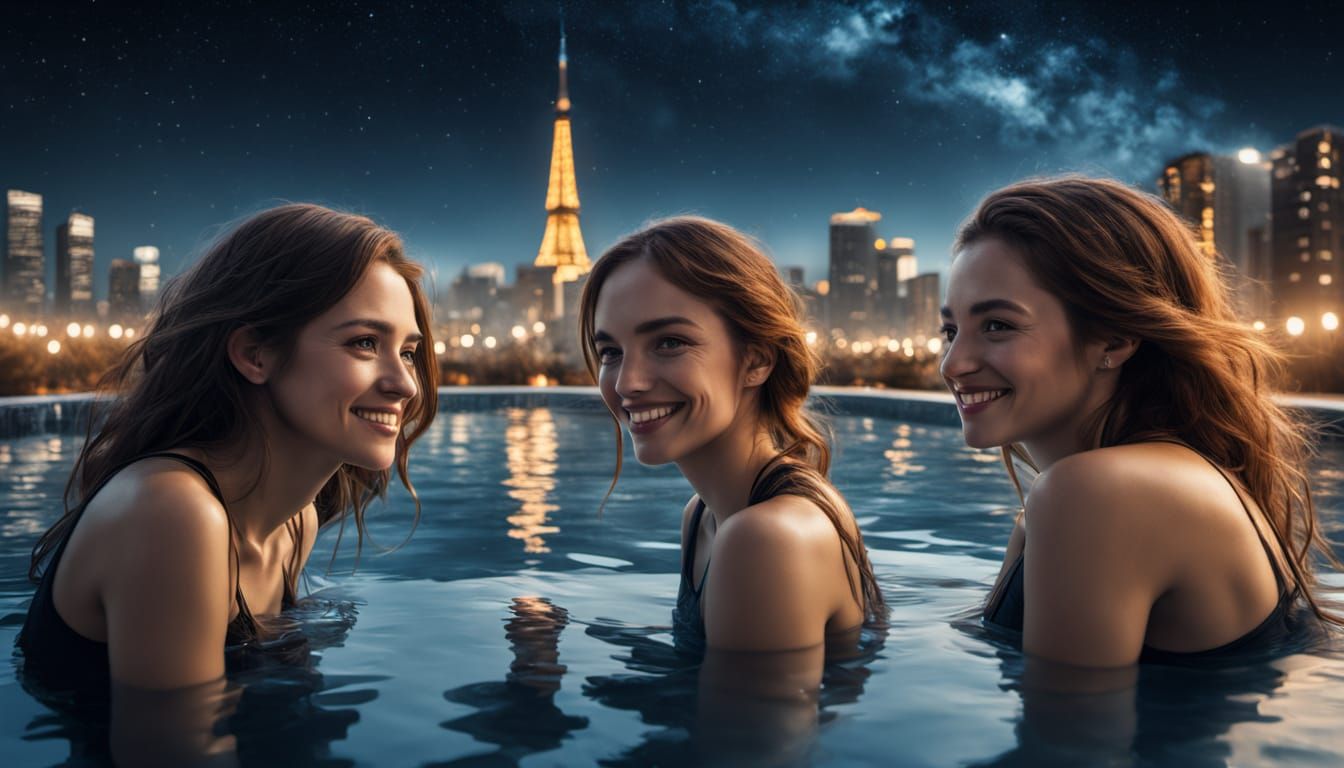 Girls in swimming pool - Young Girls Bask in Starry Night Po...