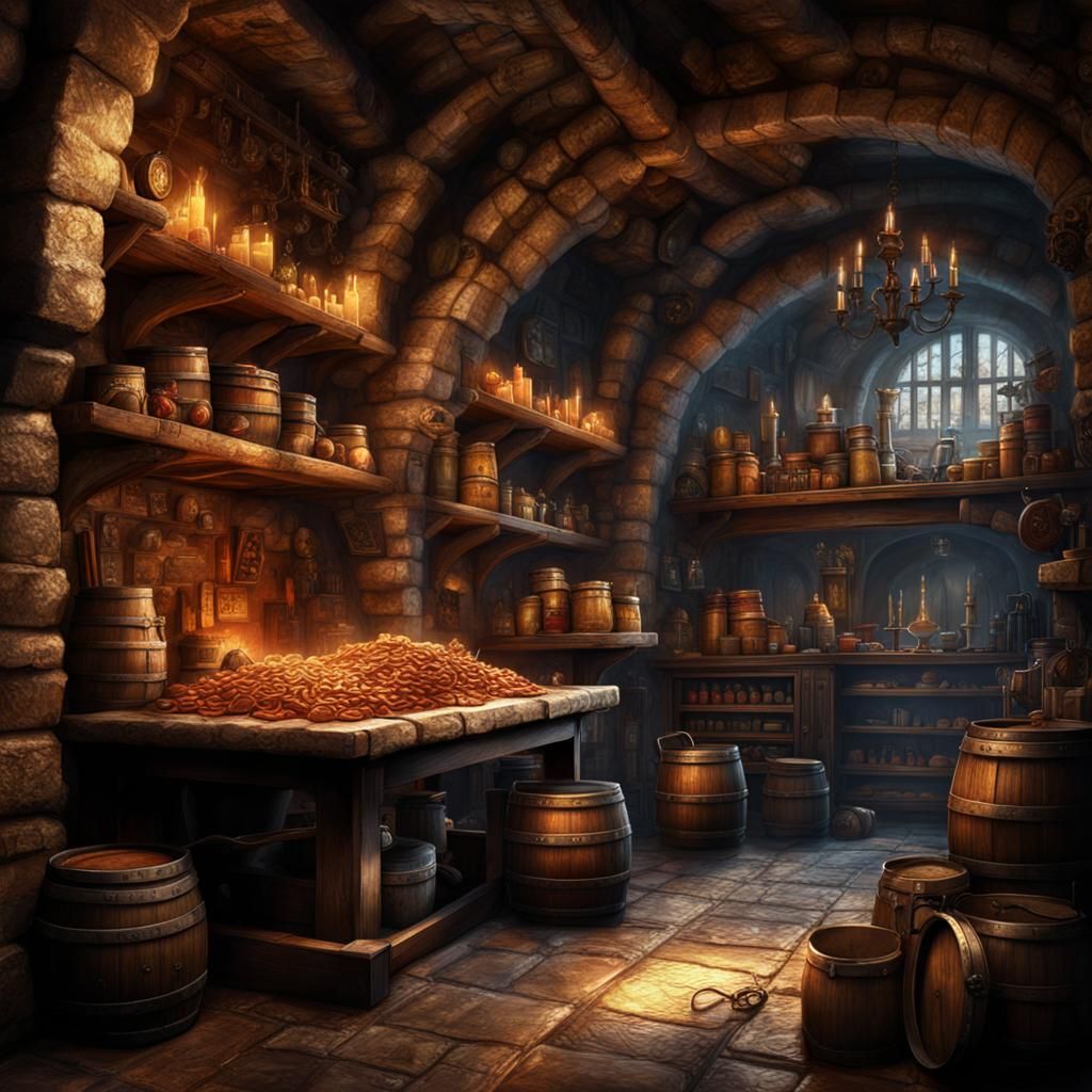dungeon, detailed fatures, racks, table, snacks, casks, tools, baroque ...