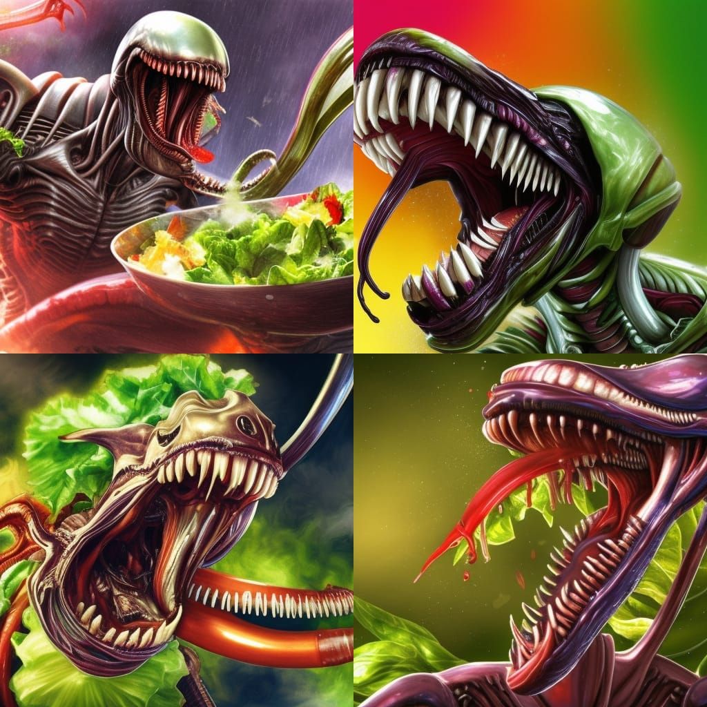 Xenomorph laughing eating salad - AI Generated Artwork - NightCafe Creator