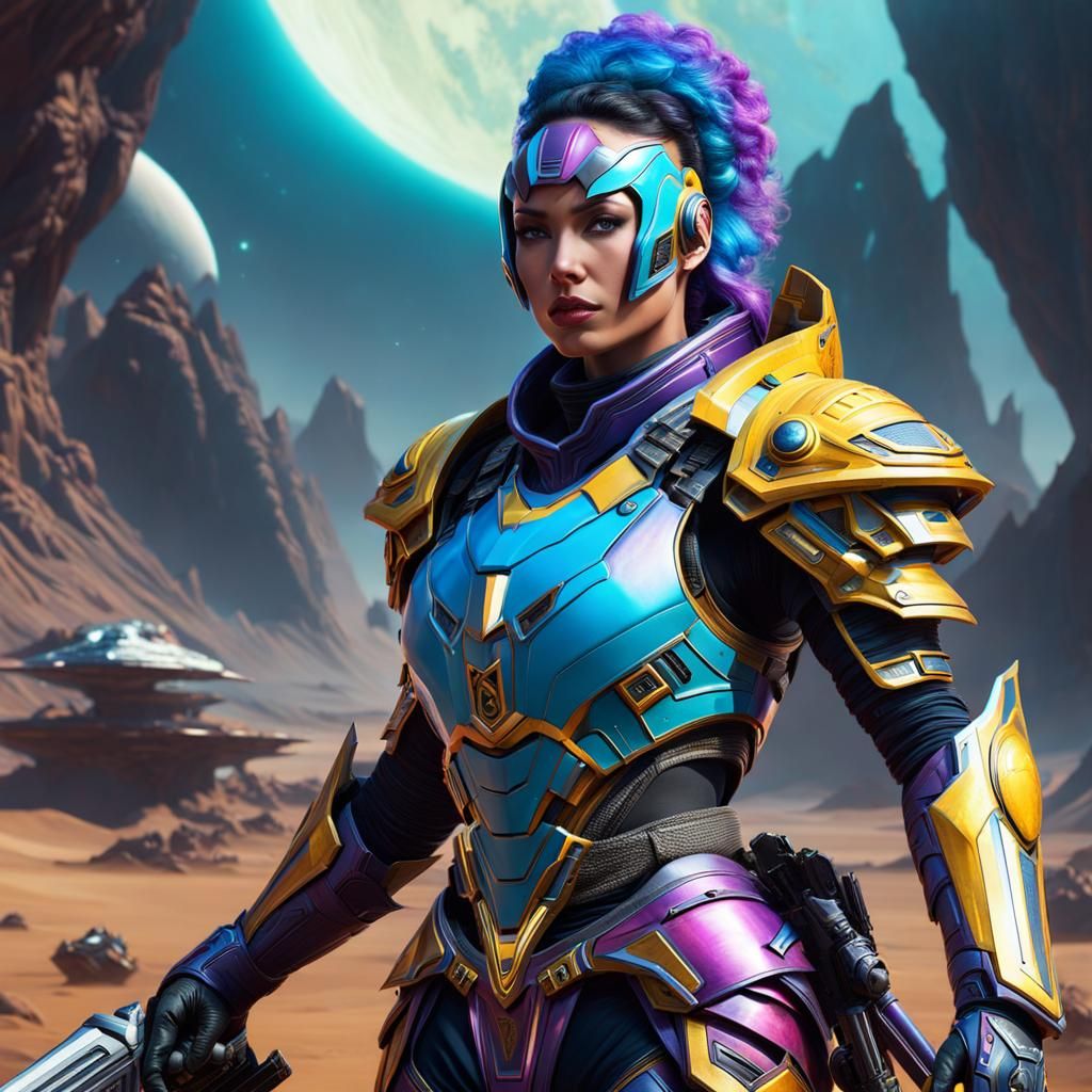 Beautiful Warrior Wearing Multi-colored Armor on an Alien Planet - AI ...