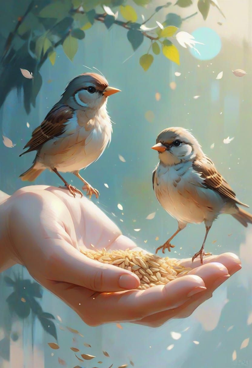 Sparrows Gather on a Woman's Hand Cradling Grains ... - AI Art