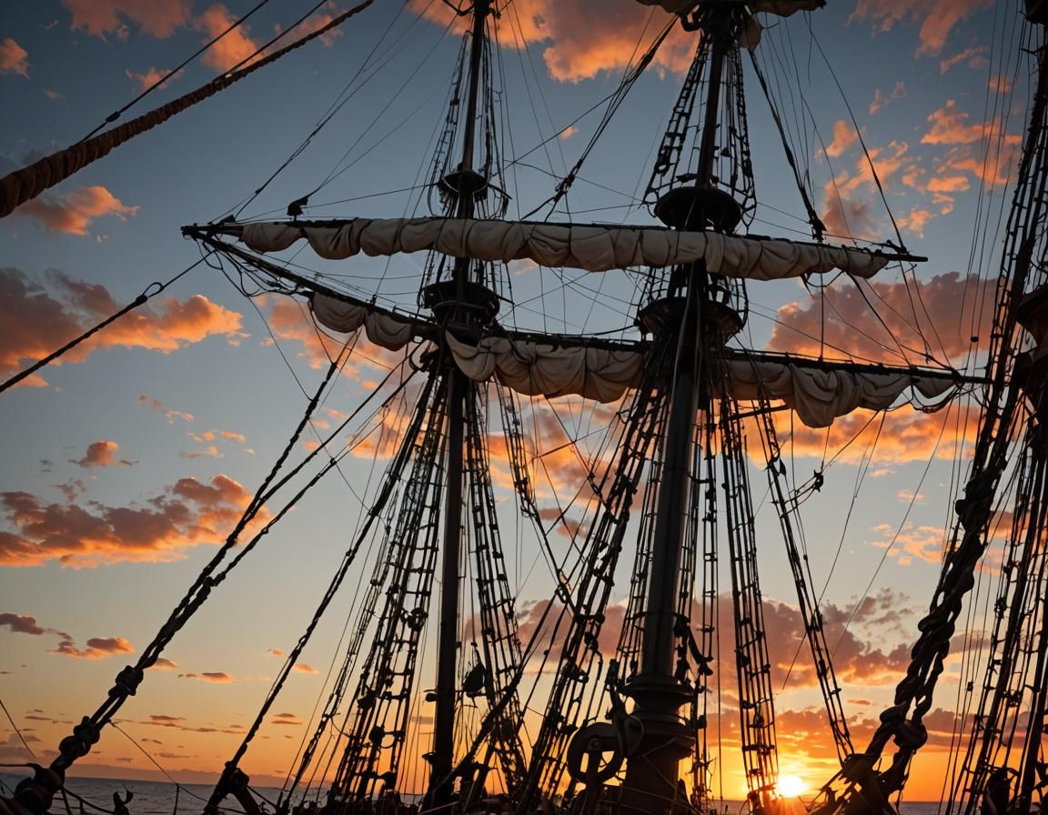 The setting sun as seen from on deck through a square-rigged ship's ...