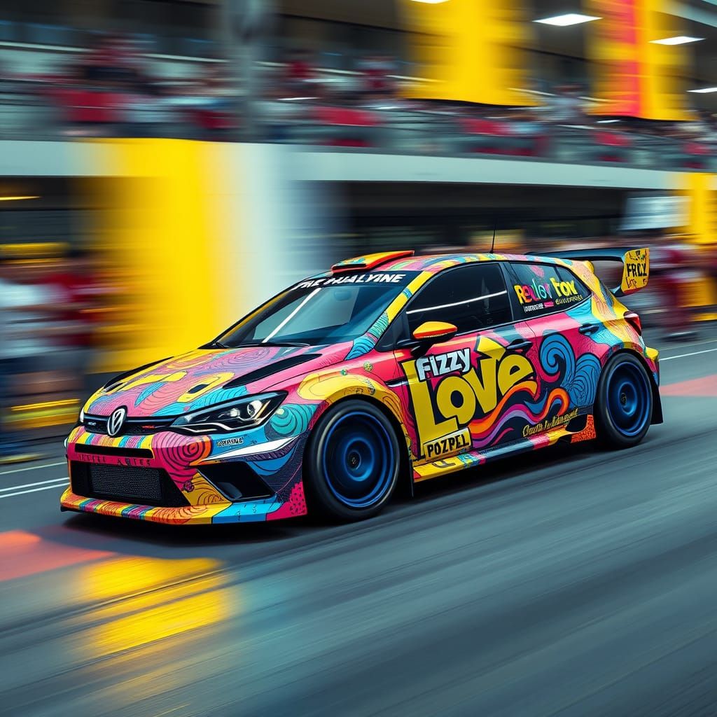 Rally car wrapped in "fizzy love" artwork