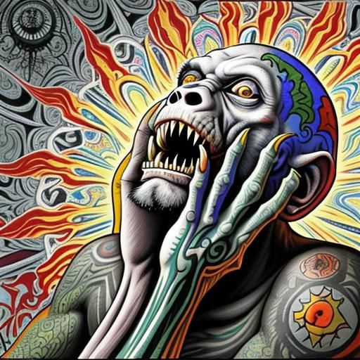 Tattooed albino contortionist hippy freak, colorful, created by the ...