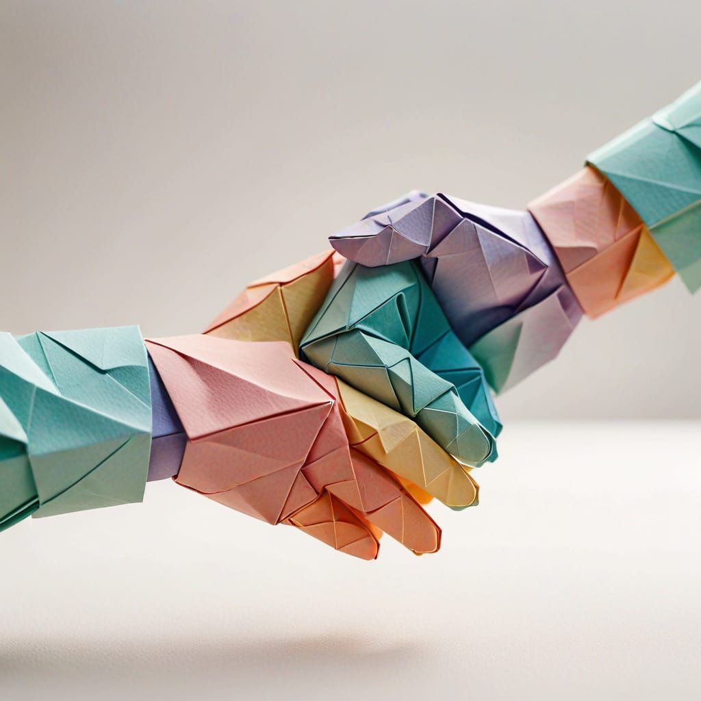 The Handoff - Intricately Folded Paper Hands in Pastel Colo...