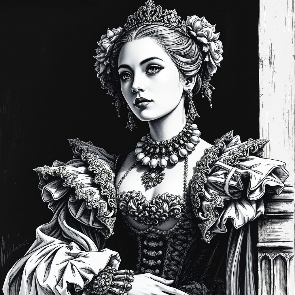 Dramatic Baroque Woman in Chiaroscuro Black and Wh... - AI Art