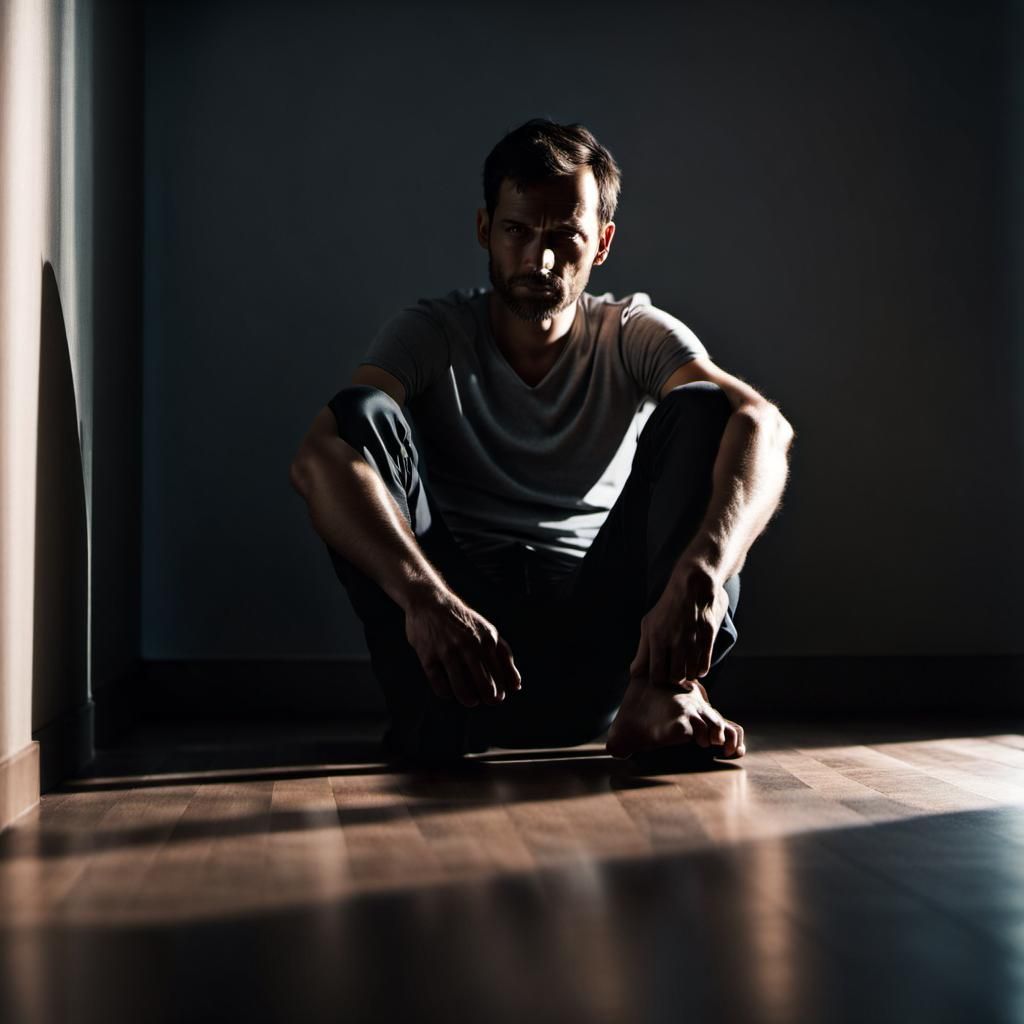 Depressed man made of light and shadows sitting in a dark room on the ...