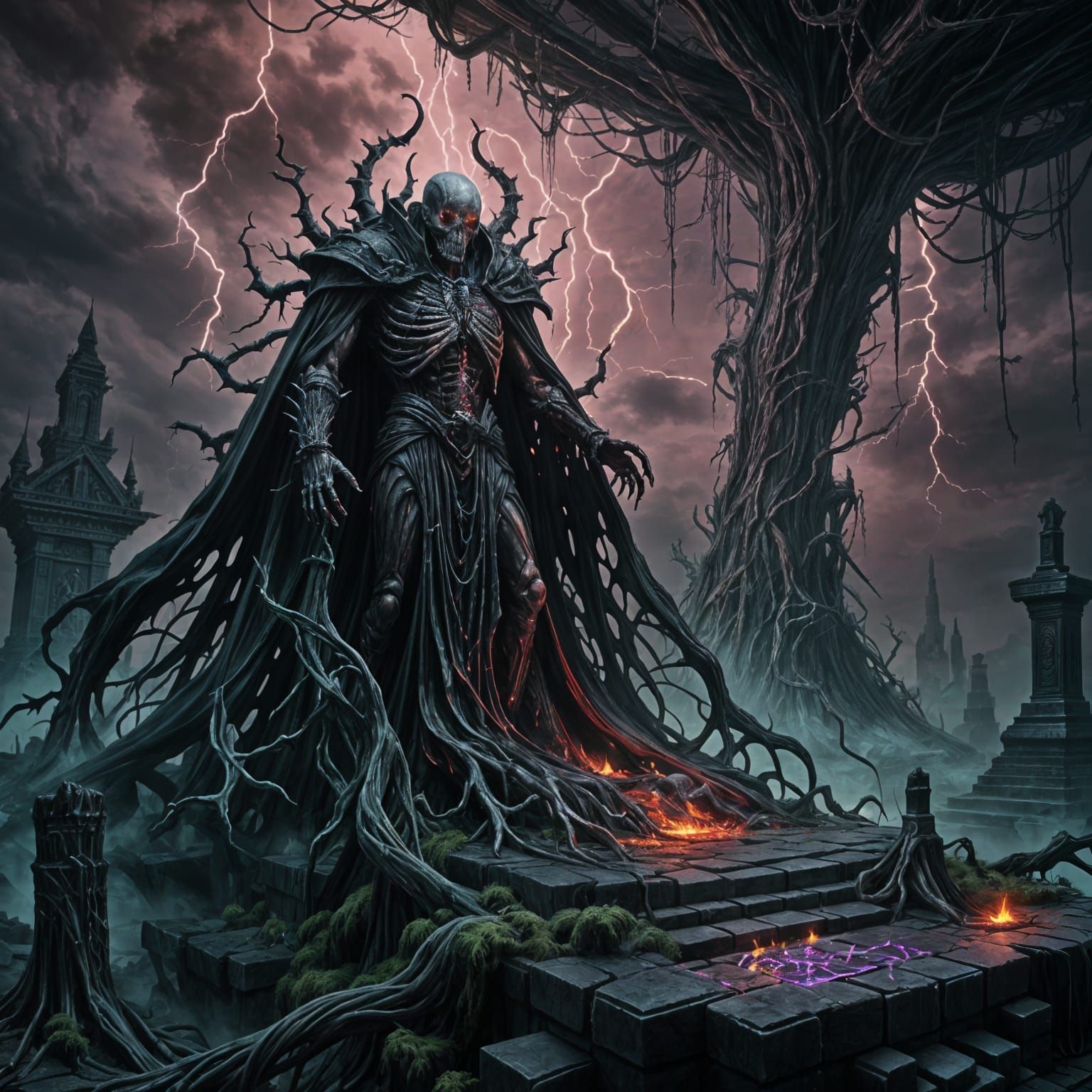 A nightmarish dark fantasy landscape where a skeletal sorcerer, cloaked ...