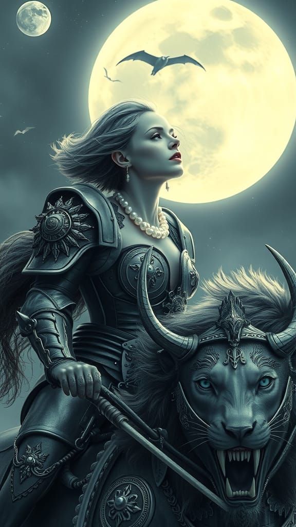 Gothic Vampire Goddess Rides Majestic Lion Under F... - AI Art