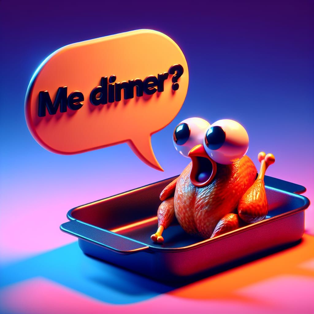 Speech bubble "me dinner?" - A playful 3D rendering of a terrified ...