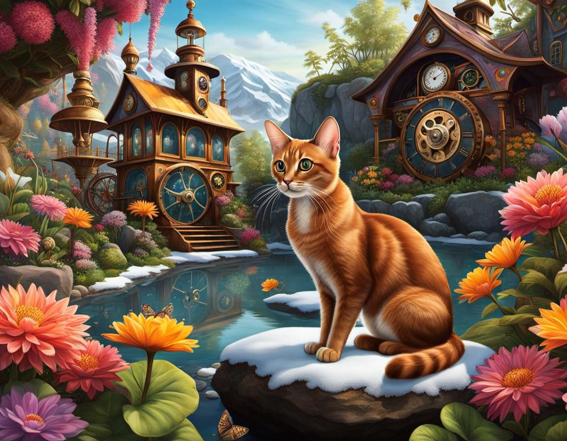 Abyssinian Cat in Fantastic Steampunk Garden - AI Generated Artwork ...