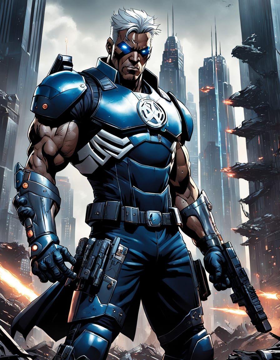 Cybernetic Mutant Hero Cable in Dark Blue Armor - AI Art