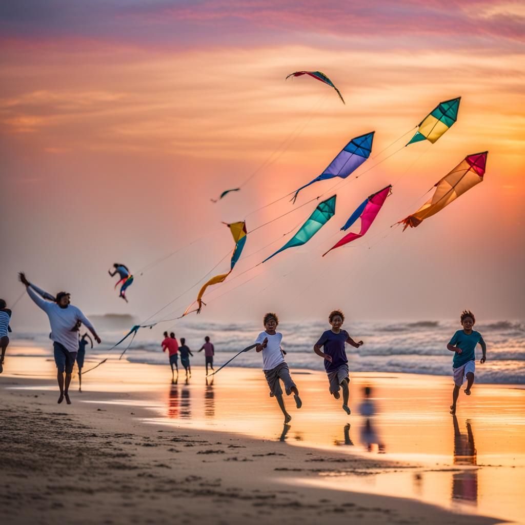 A few colorful kites soaring overhead at sunset on the beach as people ...