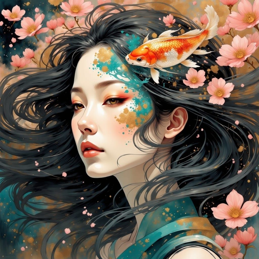 a female head, a dragon coming out of the head, koi fish in the cheeks ...